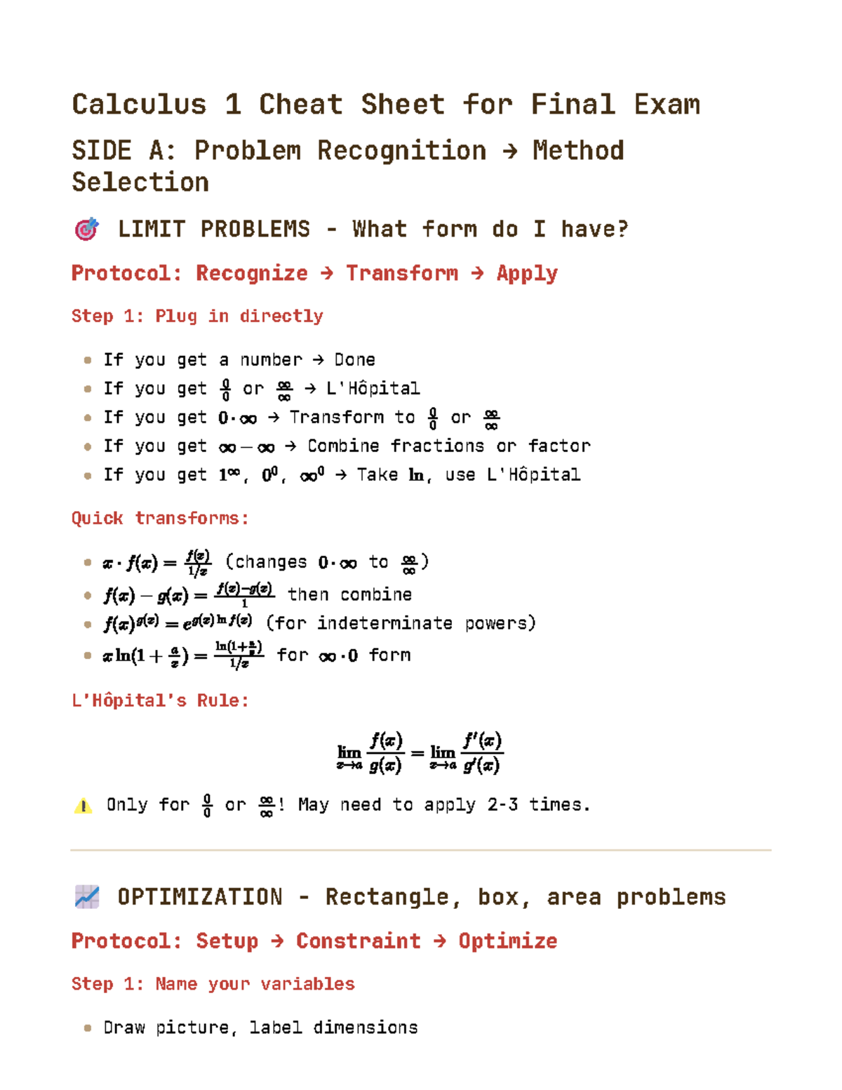 Calculus 1 Final Exam Cheat Sheet: Key Concepts & Methods - Studocu