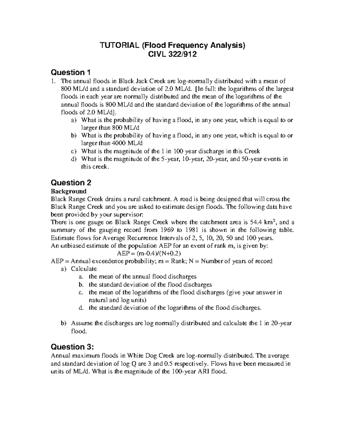 CIVL 322 Week 3 Tutorial Questions on Flood Frequency Analysis - Studocu