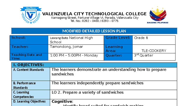 Grade 8 Cookery Lesson Plan: Preparing Sandwiches (3rd Quarter) - Studocu