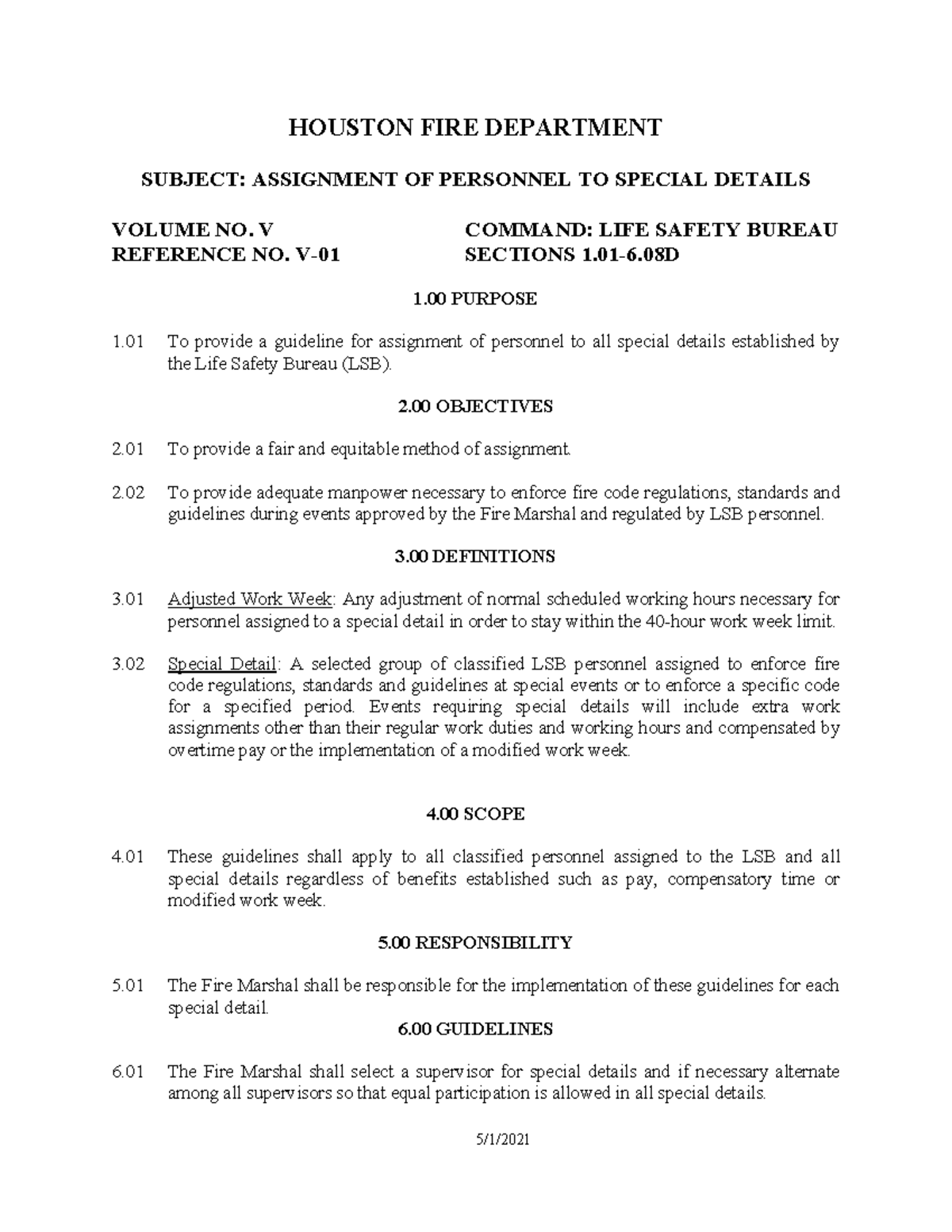 HFD V-01: Guidelines for Personnel Assignment to Special Details - Studocu
