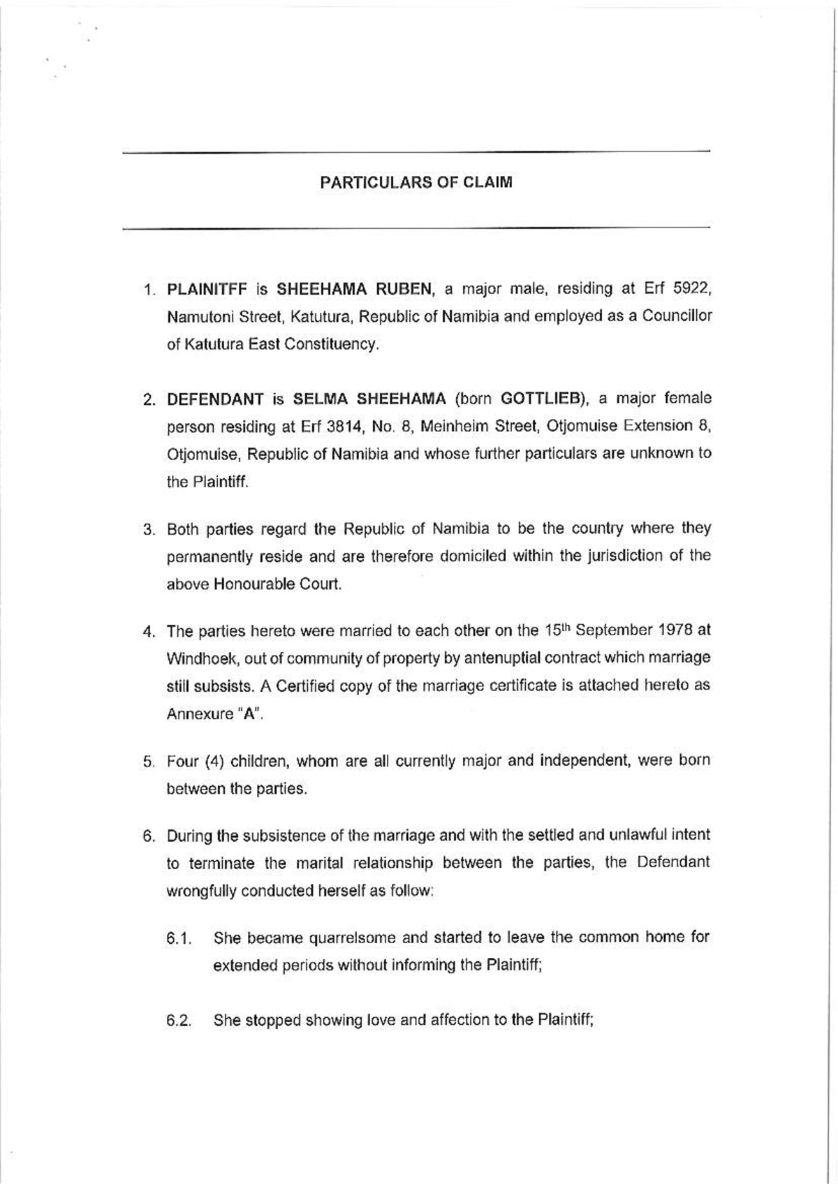 Particulars of Claim: Sheehama vs. Sheehama (Case No. 3) - Studocu