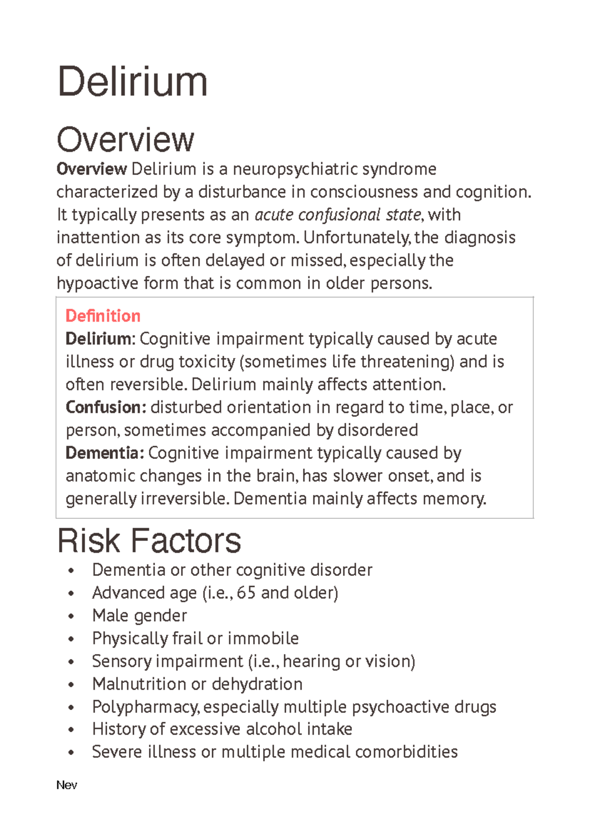 Psychiatry - Delirium - Lecture notes 4 - Delirium Overview Overview ...