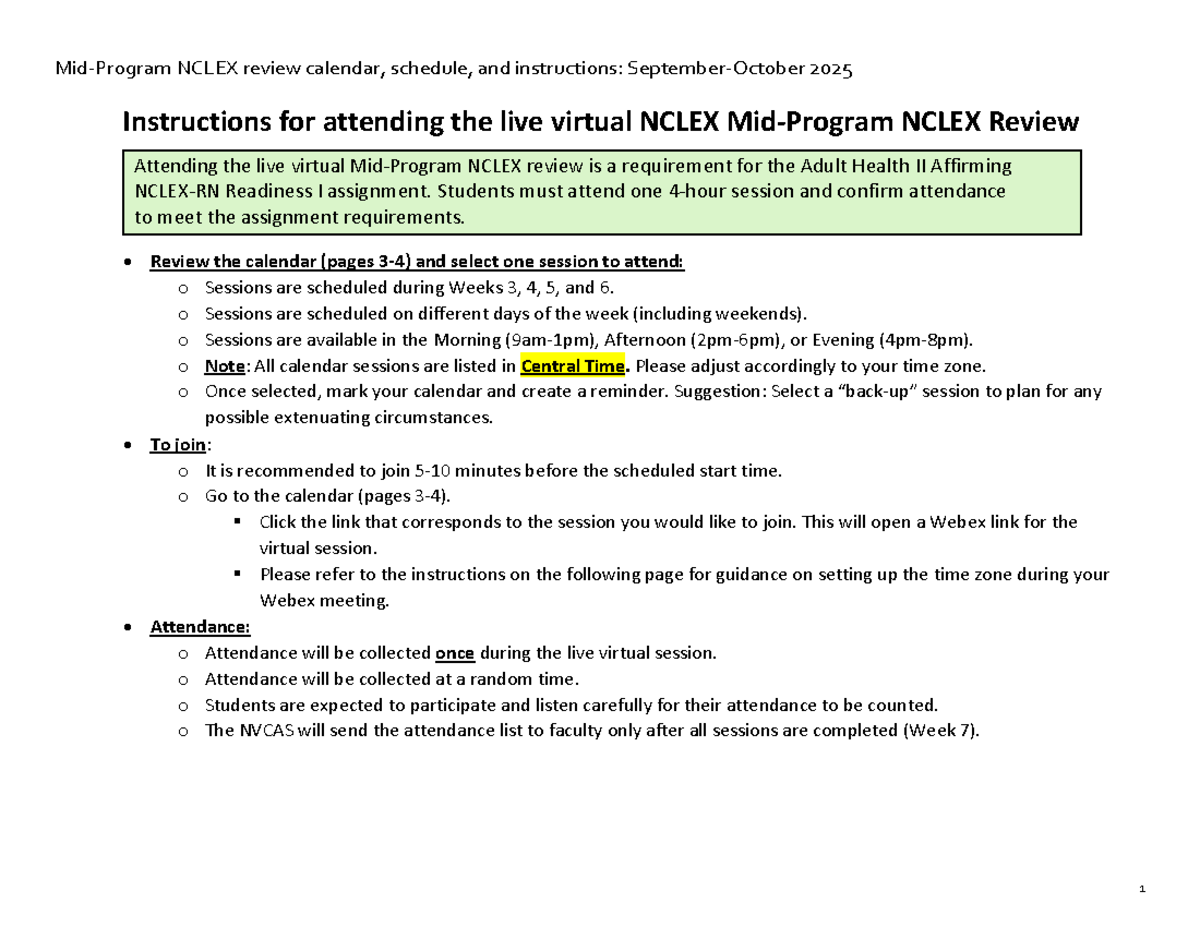 NCLEX Review Calendar & Instructions: Mid Program SEP 2025 - Studocu