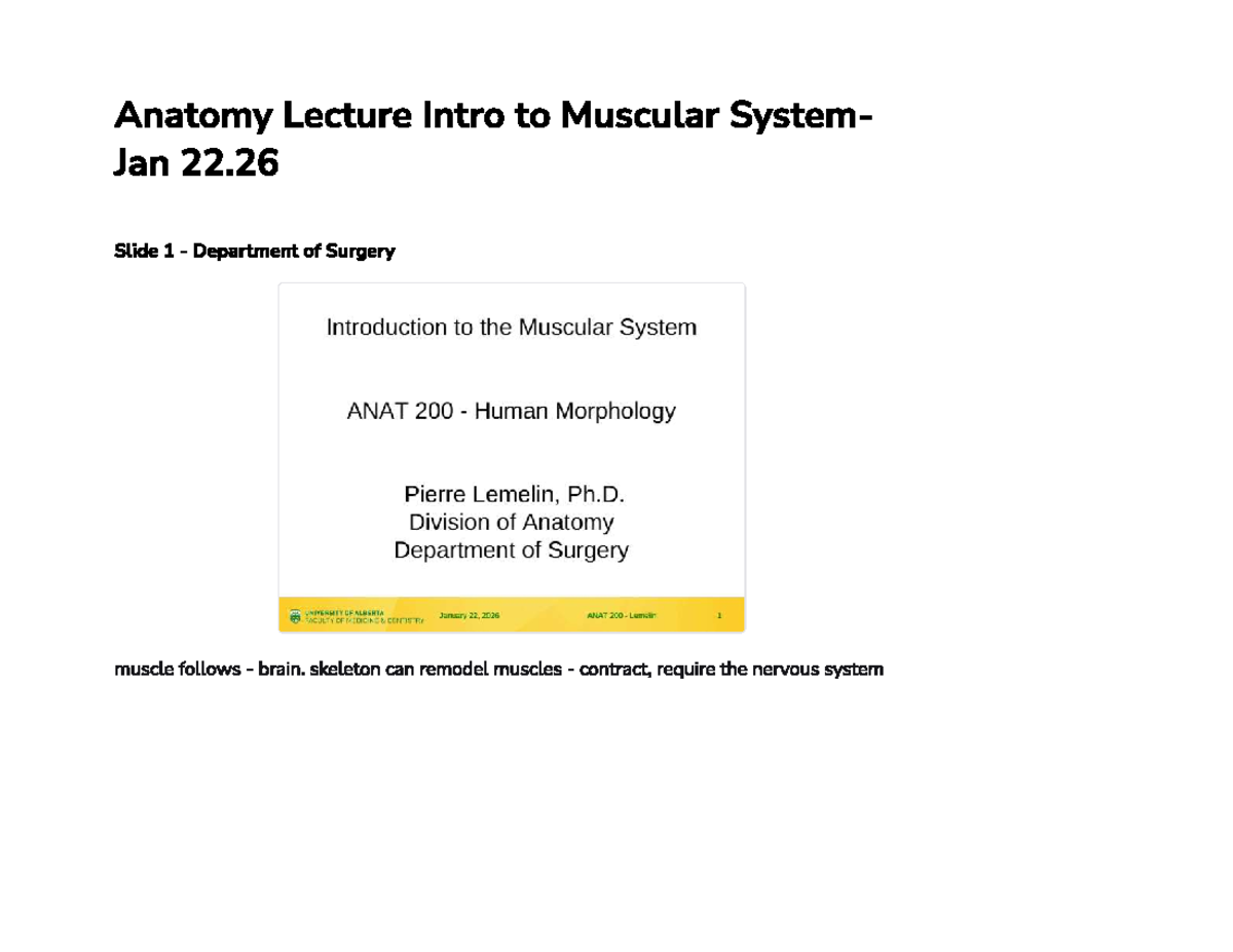 ANAT 200 Lecture Notes: Introduction to the Muscular System - Studocu