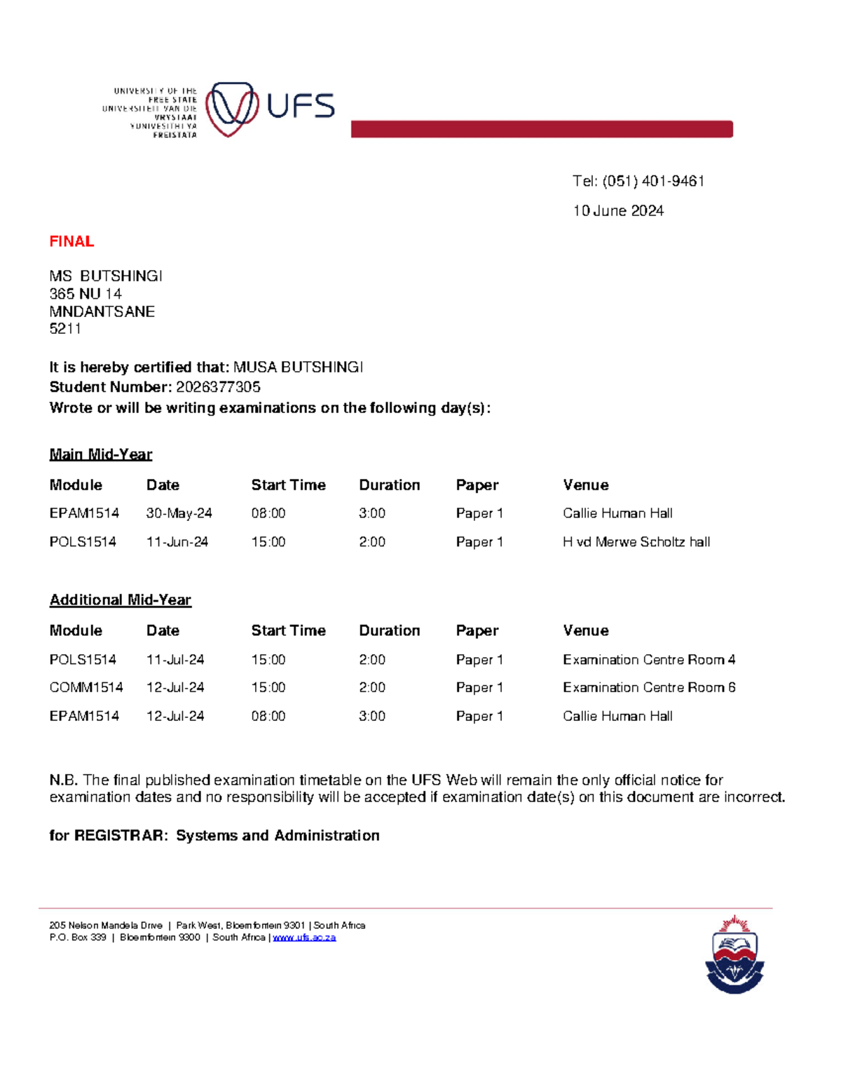 UV Final Exam Timetable 2024 - EPAM1514, POLS1514, COMM1514 - Studocu