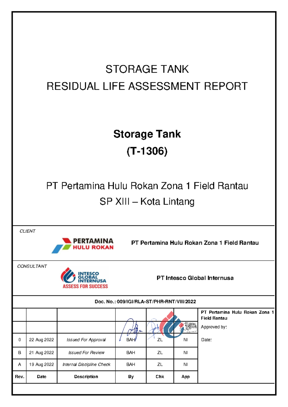 Residual Life Assessment Report for Storage Tank T-1306 - RLA 009 - Studocu