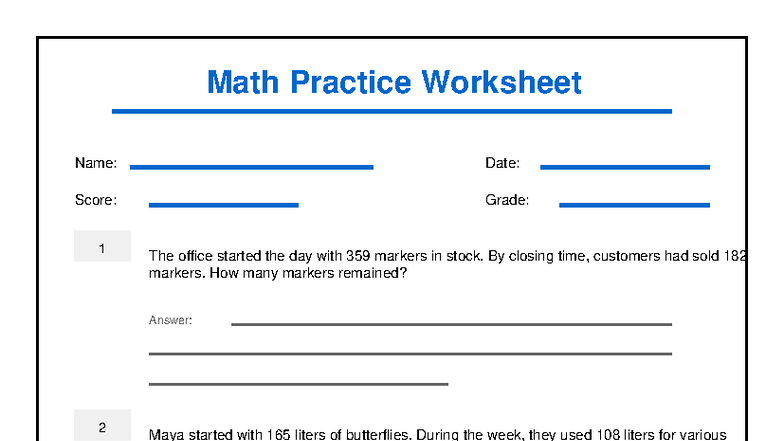 Math Practice Worksheet 5: Problem Solving & Answers - Studocu