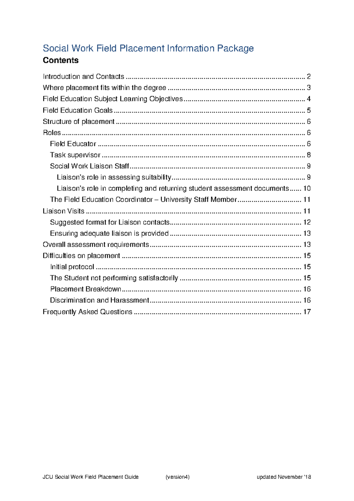 JCU Social Work Field Placement Guide (Version 4) - Essential Info ...