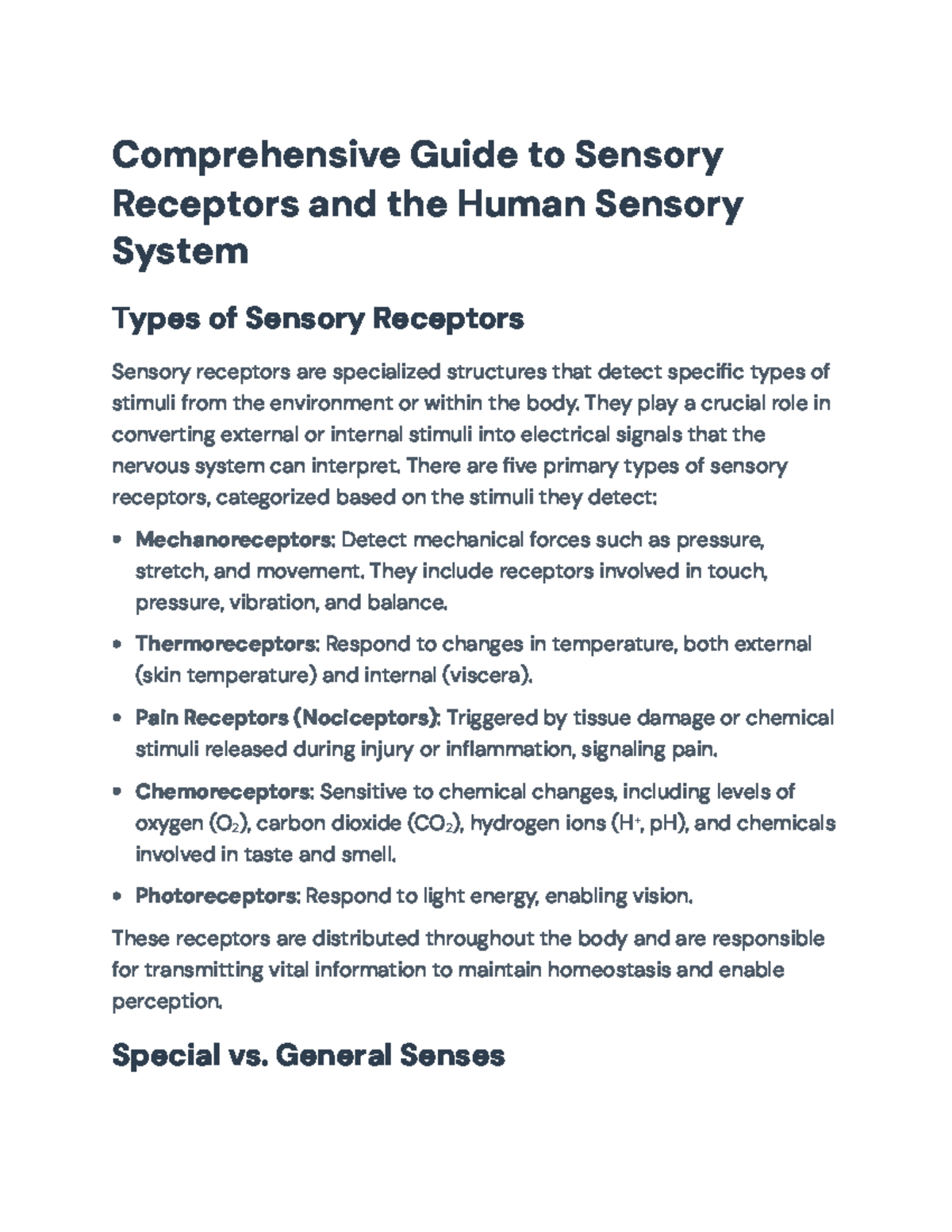 Comprehensive Overview of the Human Sensory System and Receptors - Studocu