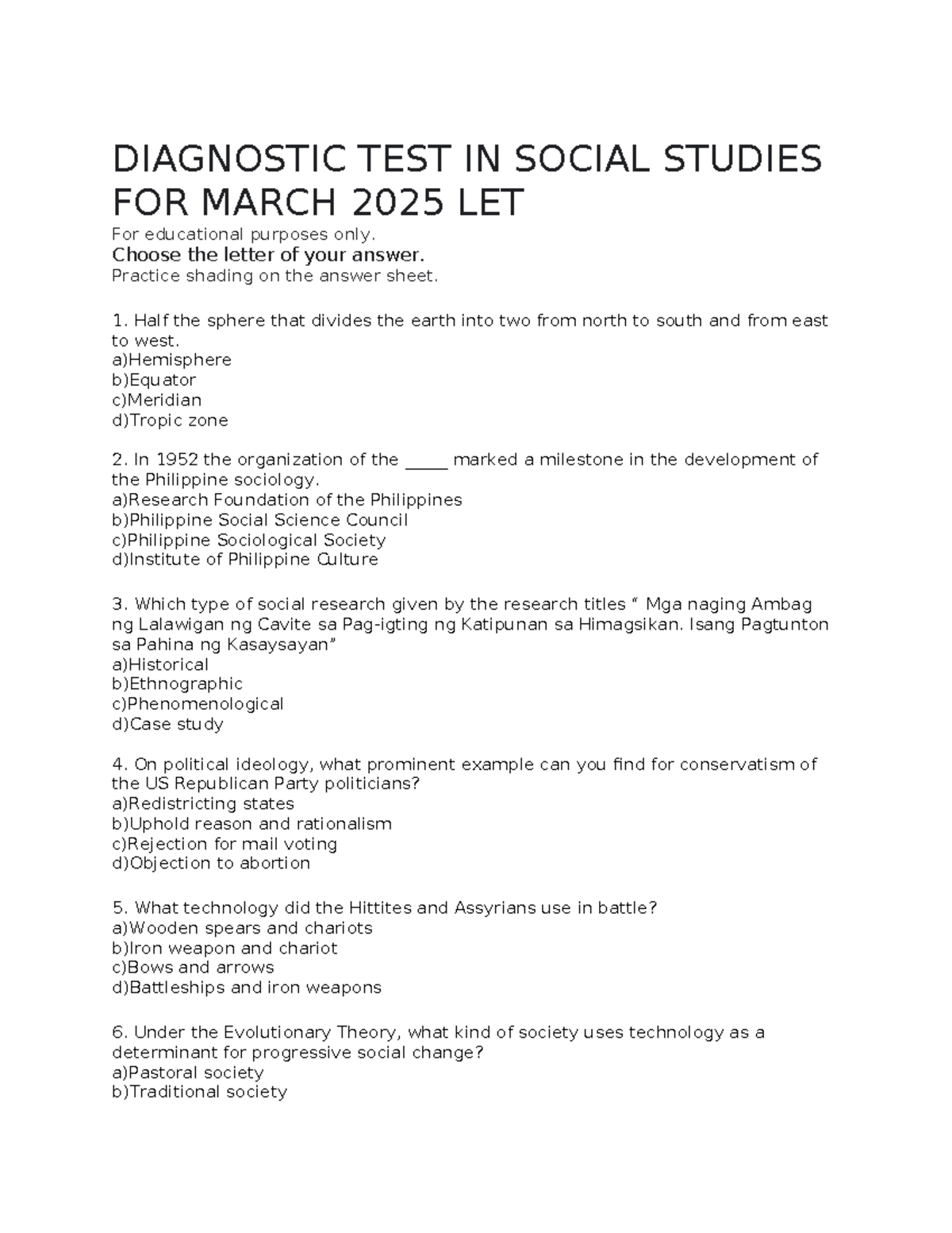 March 2025 LET Diagnostic Test in Social Studies: Sample Questions ...