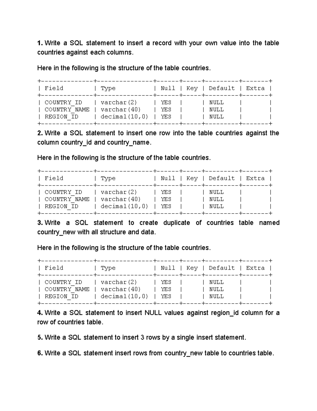 SQL Insert Statements for Countries Table (CS101) - Studocu