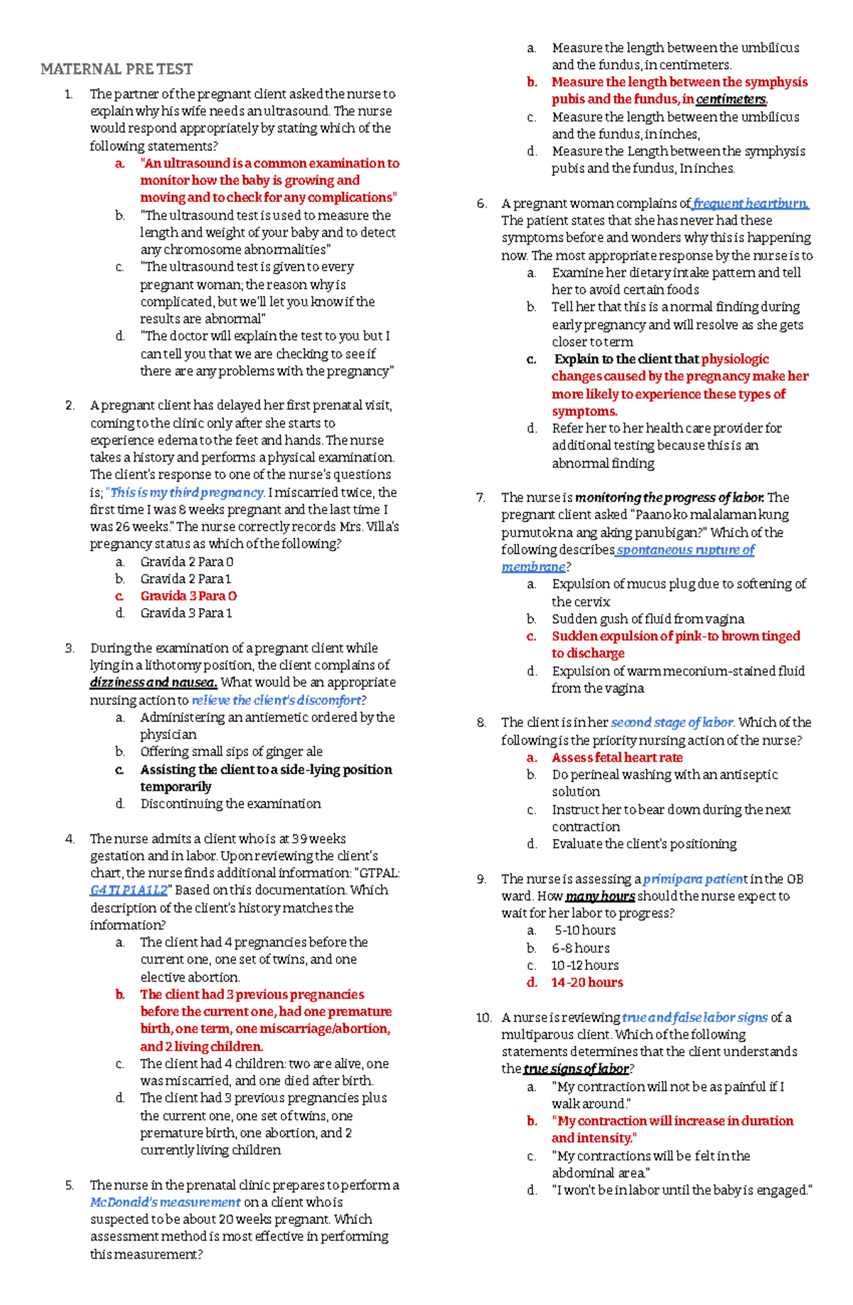 Maternal Nursing Pre-Test & Exam Answers: Nursing Perspective (NUR 101 ...