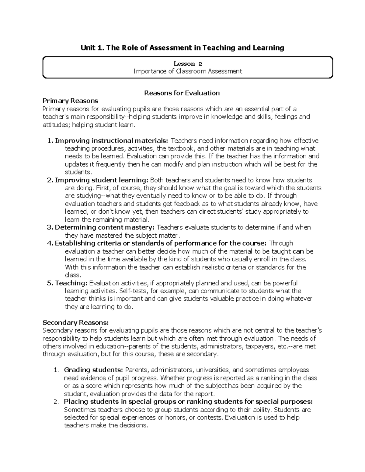 Unit 1 Lesson 2 Importance of Classroom Assessment - Unit 1. The Role ...