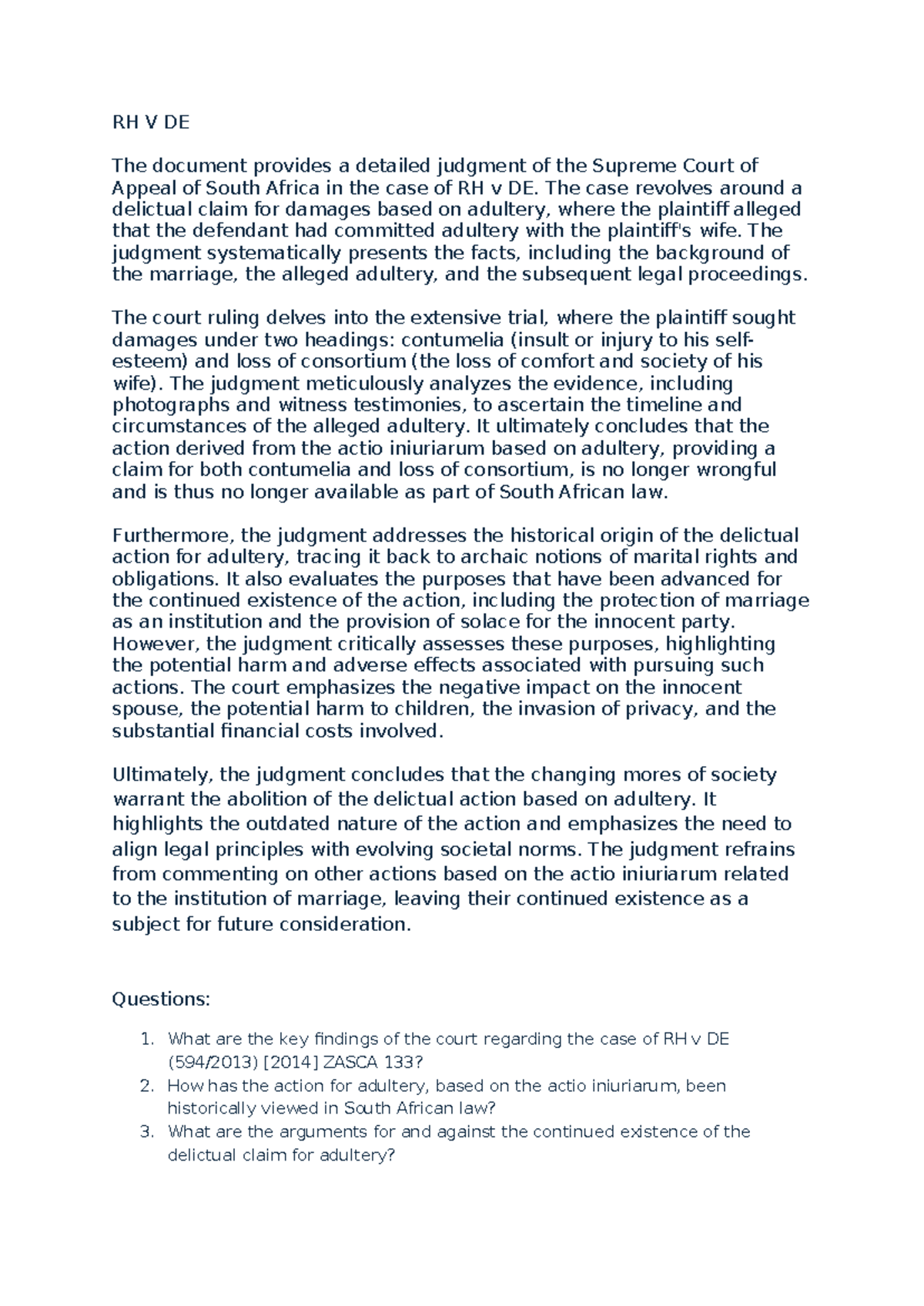 RH V DE Case Summary: Supreme Court Judgment on Adultery Claim - Studocu