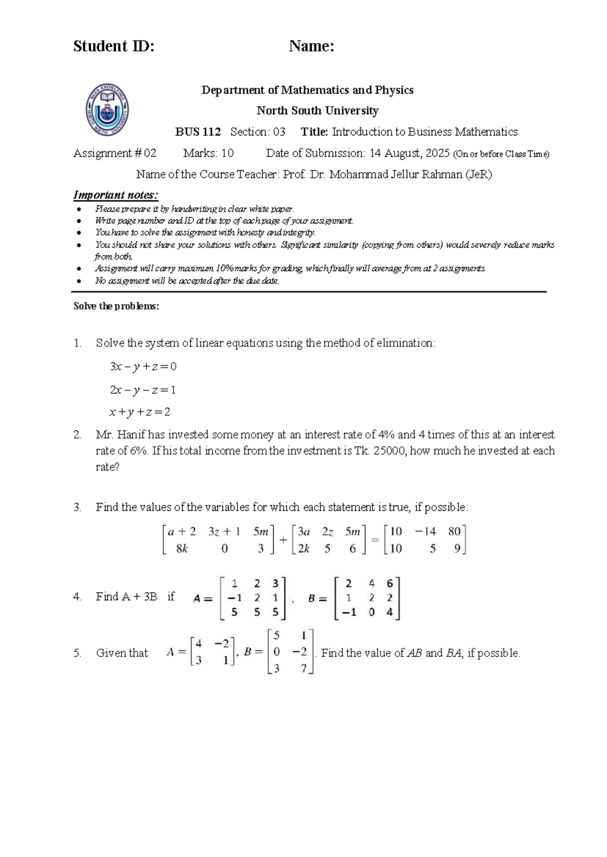 Assignment 02: Introduction to Business Mathematics BUS 112 Sec 03 ...