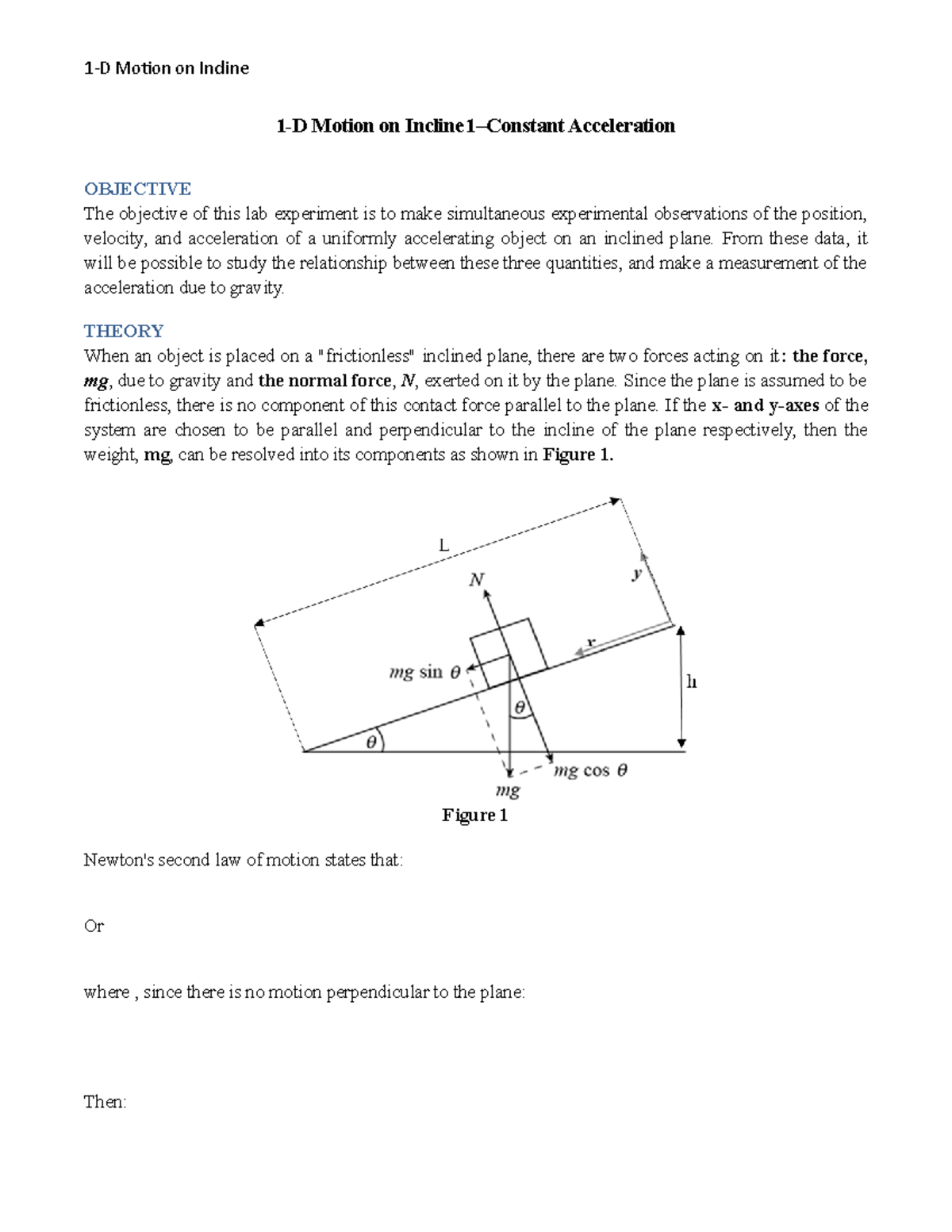 02 Motion on Incline LAB (Spring 2023) - 1-D Motion on Incline 1-D ...