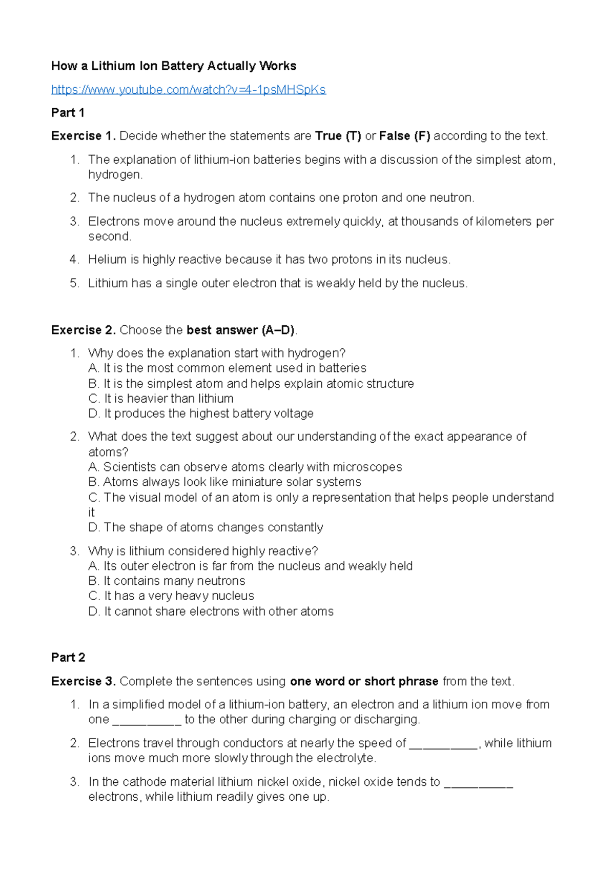 How a Lithium Ion Battery Works: Worksheet S (Part 1) - Studocu