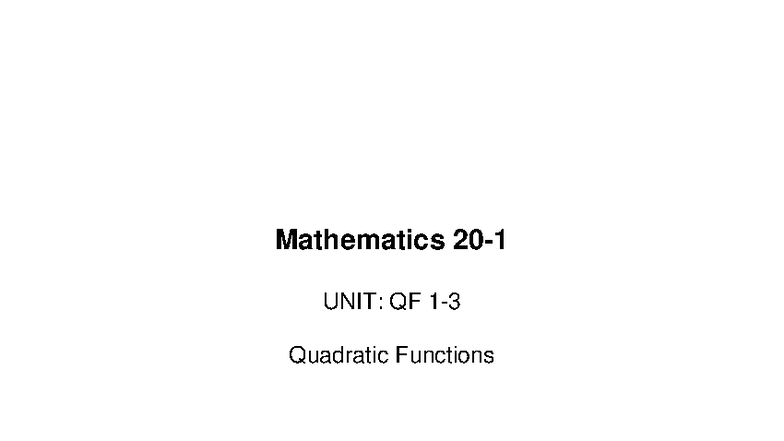 Mathematics QF Unit: Quadratic Functions Learning Guide M20-1 - Studocu