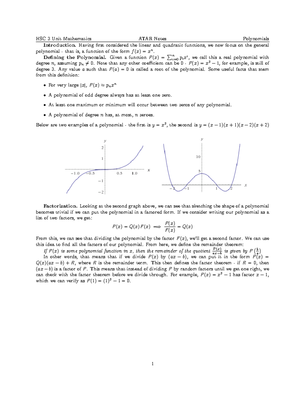 HSC 3 Unit Math ATAR Notes: Understanding Polynomials - Studocu