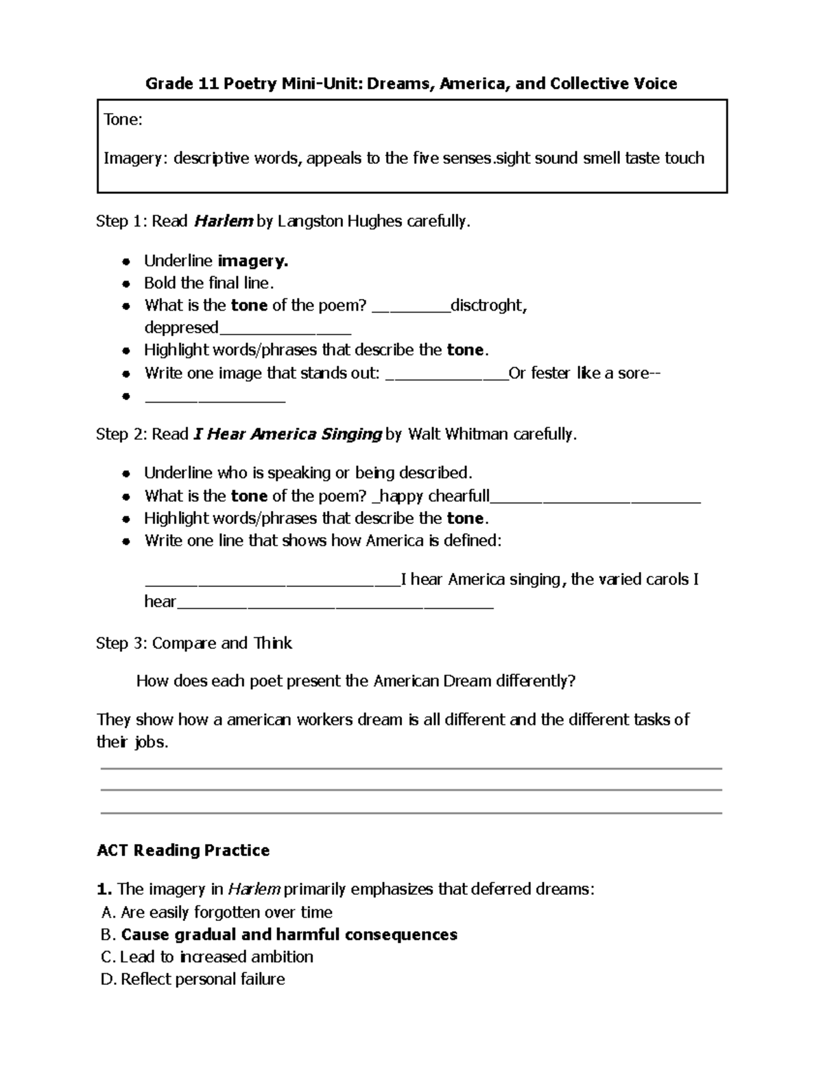 Grade 11 Poetry Mini-Unit: Dreams, America, and Collective Voice ...