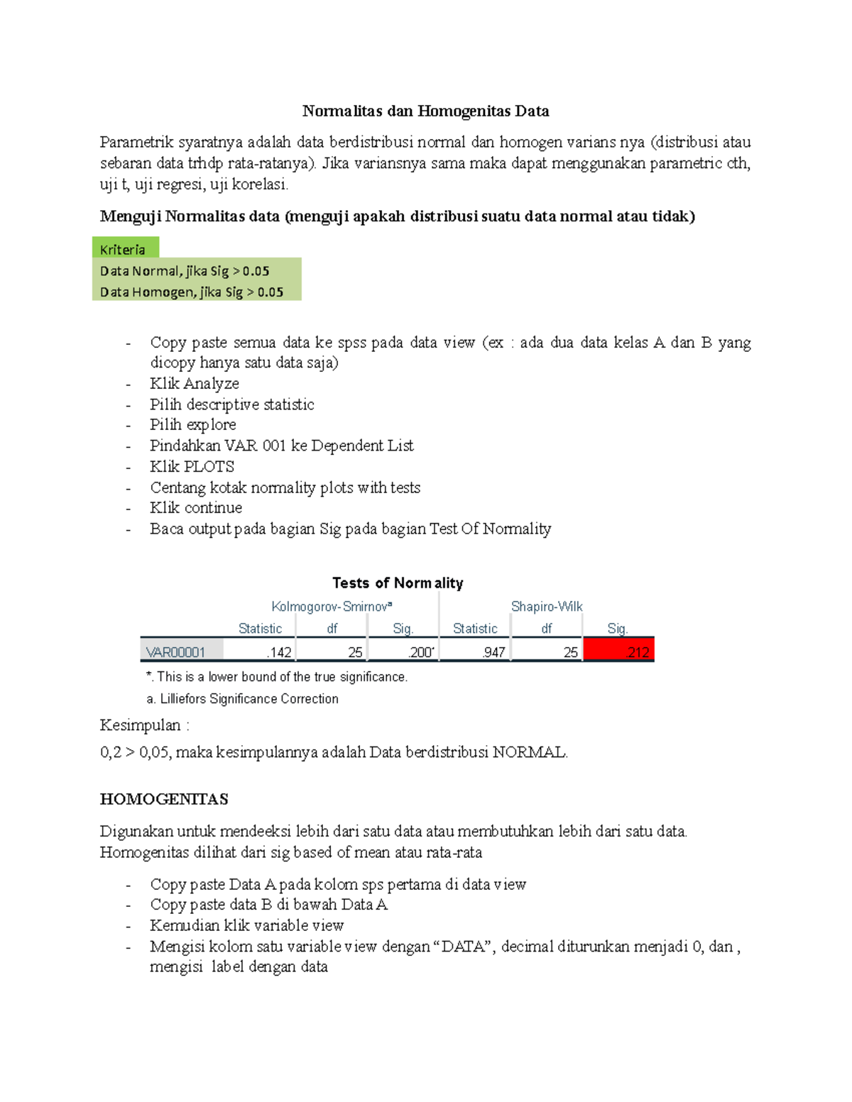 Analisis Normalitas dan Homogenitas Data untuk SPSS (Statistika) - Studocu