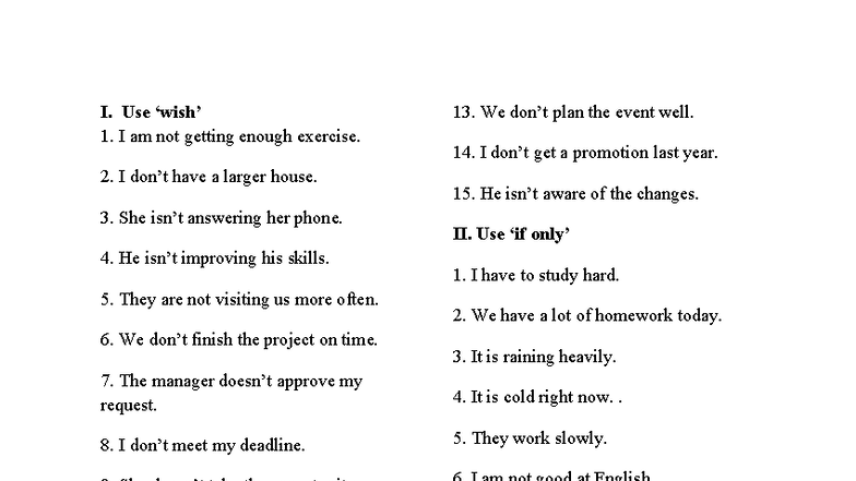 Wish + Past Tense Usage - English Grammar Notes - Studocu