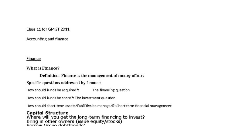 Class 11 GMGT 2011 Finance & Accounting Lecture Notes - Studocu