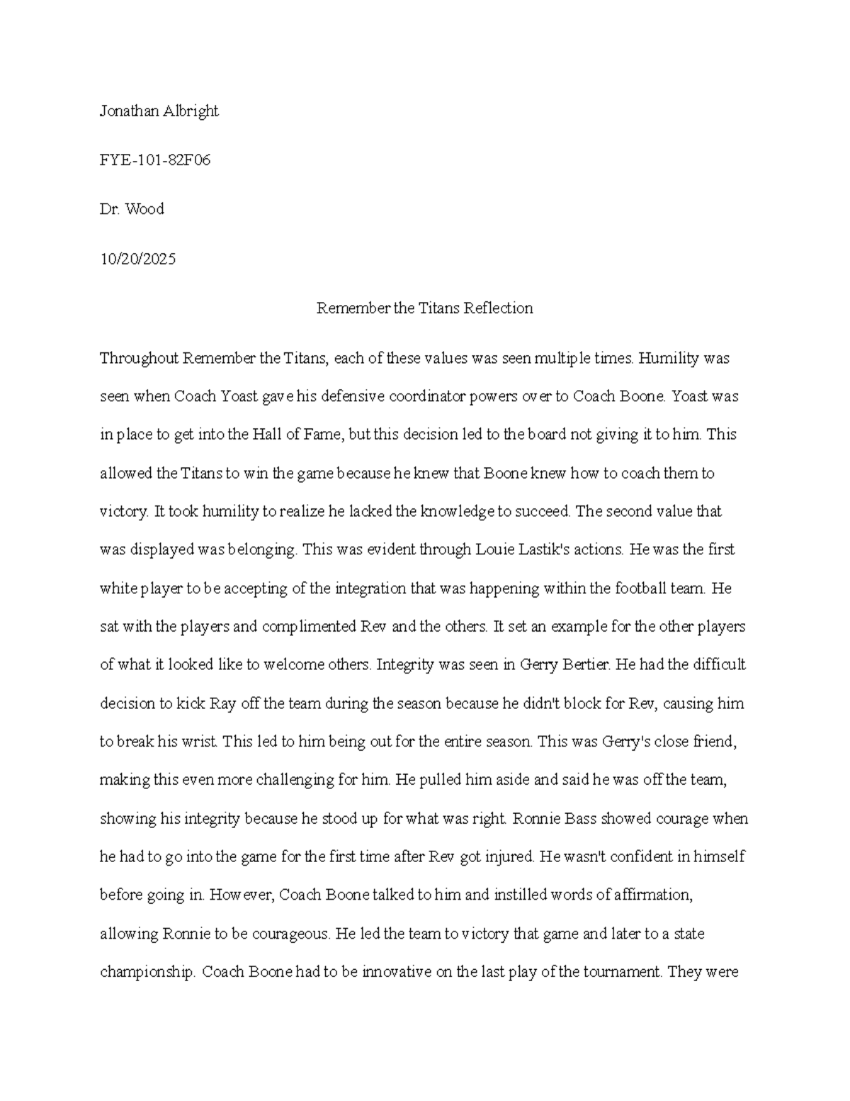 ENG 101: Remember the Titans Reflection on Values and Lessons - Studocu