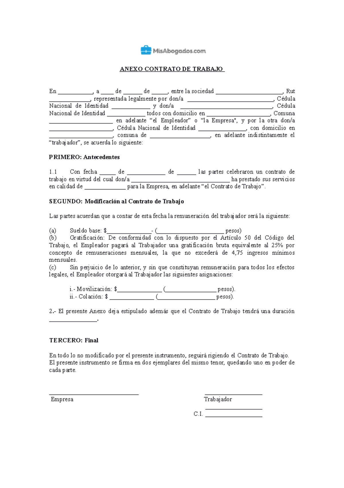 Formato Anexo de Contrato - ANEXO CONTRATO DE TRABAJO En ___________, a ...