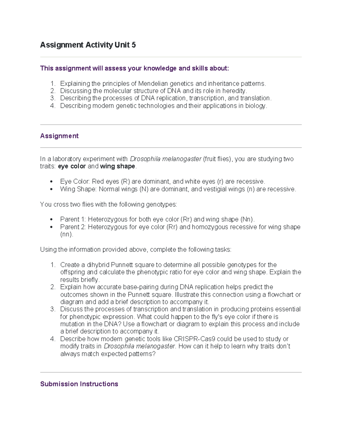 Genetic Analysis Assignment: Mendelian Traits in Drosophila (Unit 5 ...