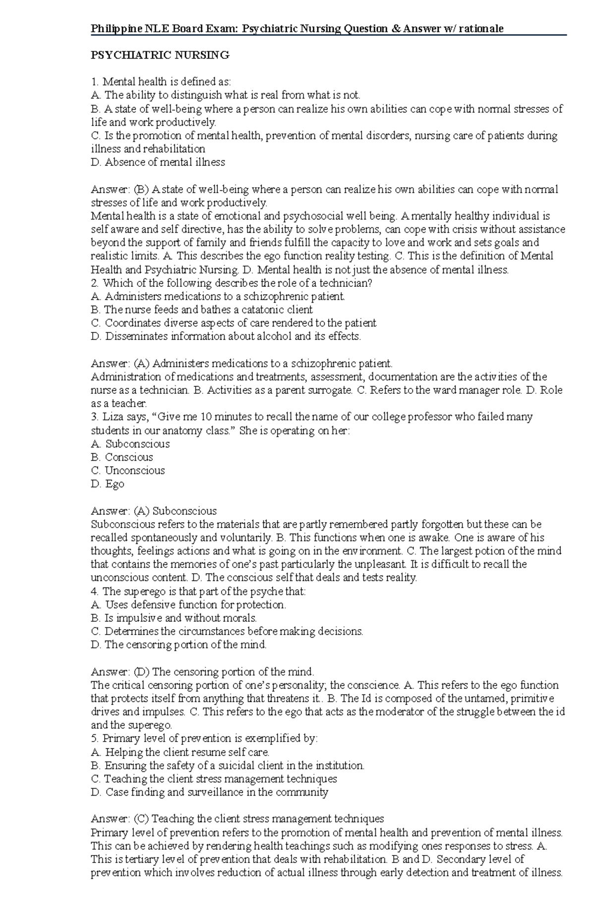 PNLE Reviewer: Psychiatric Nursing Q&A with Rationale Insights - Studocu