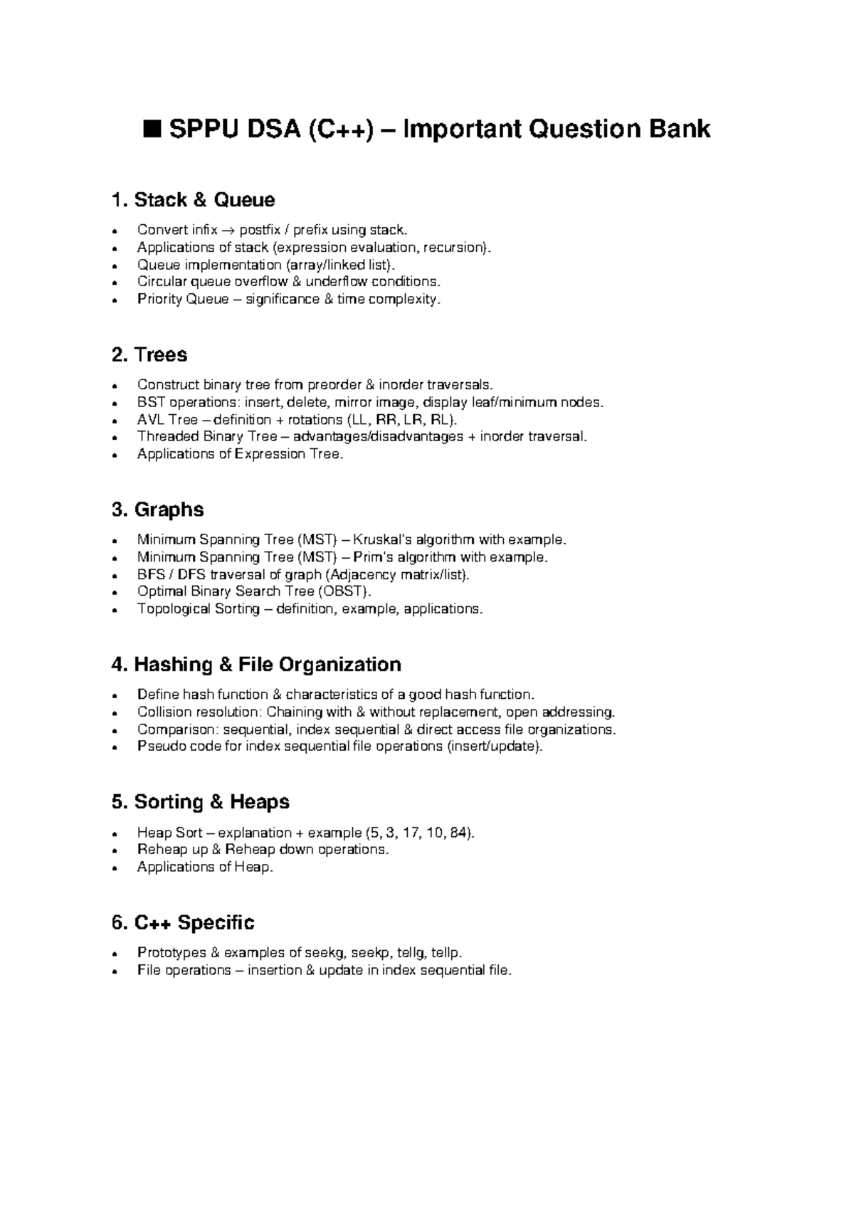 SPPU DSA Important Questions: Stack, Trees, Graphs, Hashing & Sorting ...