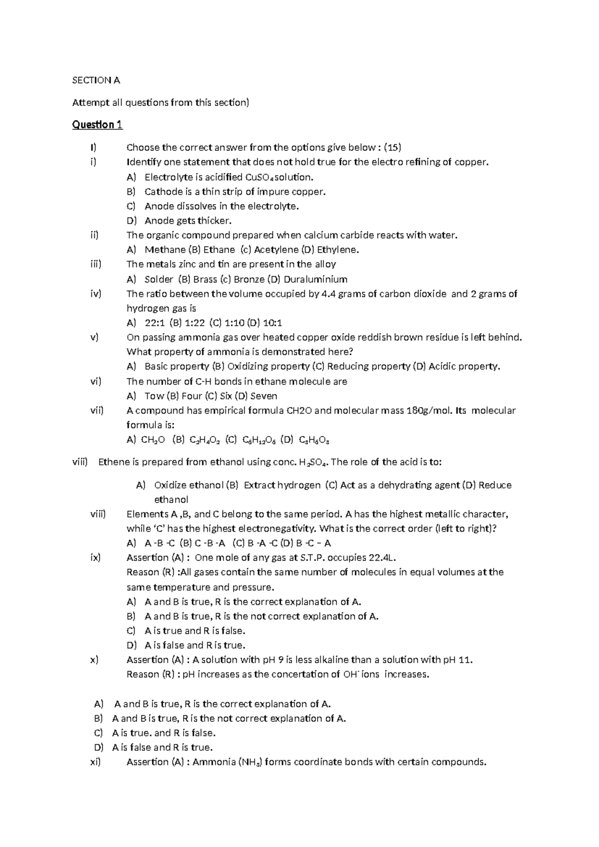 X I Preparatory (2025-26) Chemistry Quiz Questions and Answers - Studocu