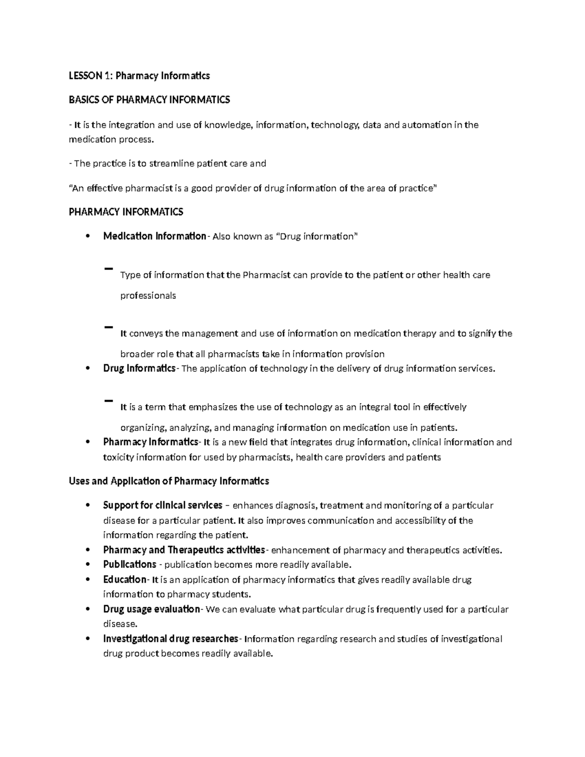 Pharmacy Informatics: Lesson 1 Overview and Key Concepts - Studocu