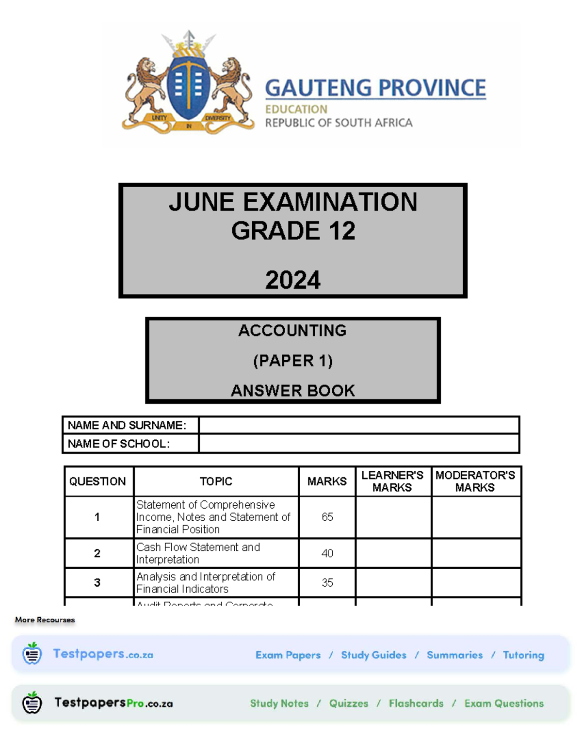 Gr 12 Account. P1 June 2024 Exam Answer Booklet - Studocu
