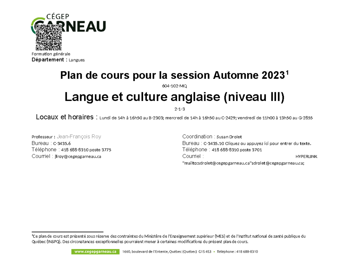 604-102-MQ - A23 - Plan de Cours Langue et Culture Anglaise - Studocu