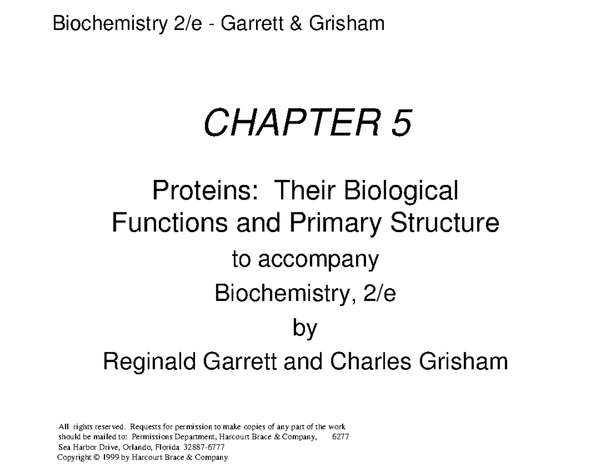 Biochemistry Garrett Grisham CH5: Proteins & Their Functions - Studocu