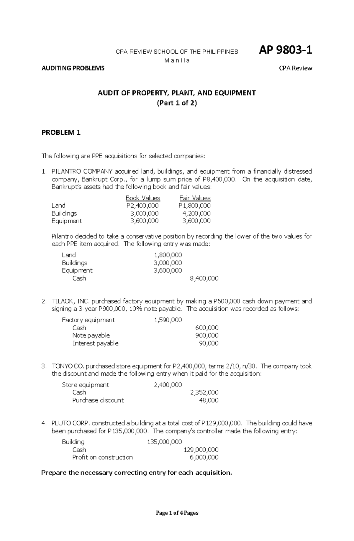AP 9803-1 Auditing Problems: Property, Plant, and Equipment Analysis ...