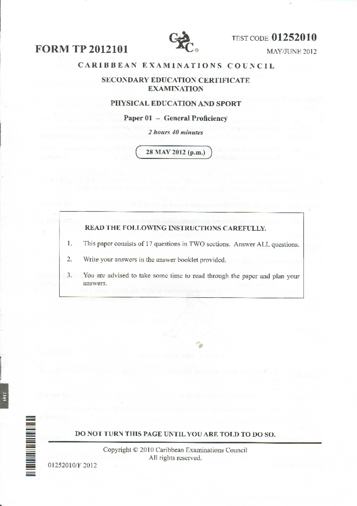 CXC CSEC May 2012 - Physical Education & Sport Paper 1 Exam Guide - Studocu