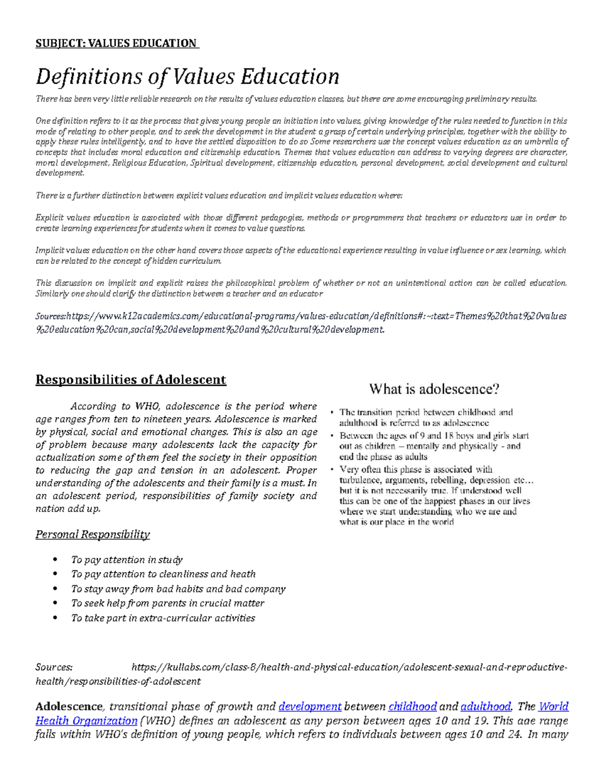 Subject Values Education - SUBJECT: VALUES EDUCATION Definitions of ...