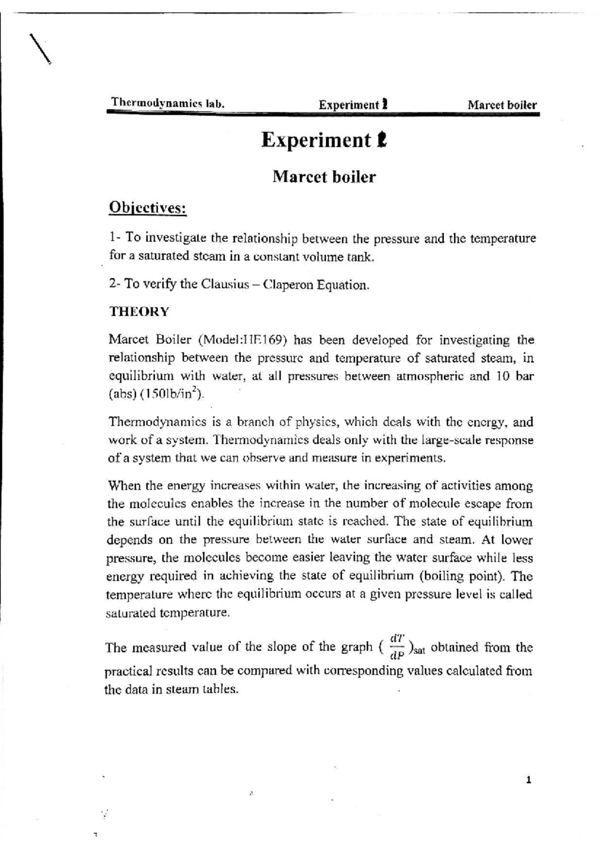 Thermodynamics Lab: Experiment 1 - Marcet Boiler Analysis - Studocu