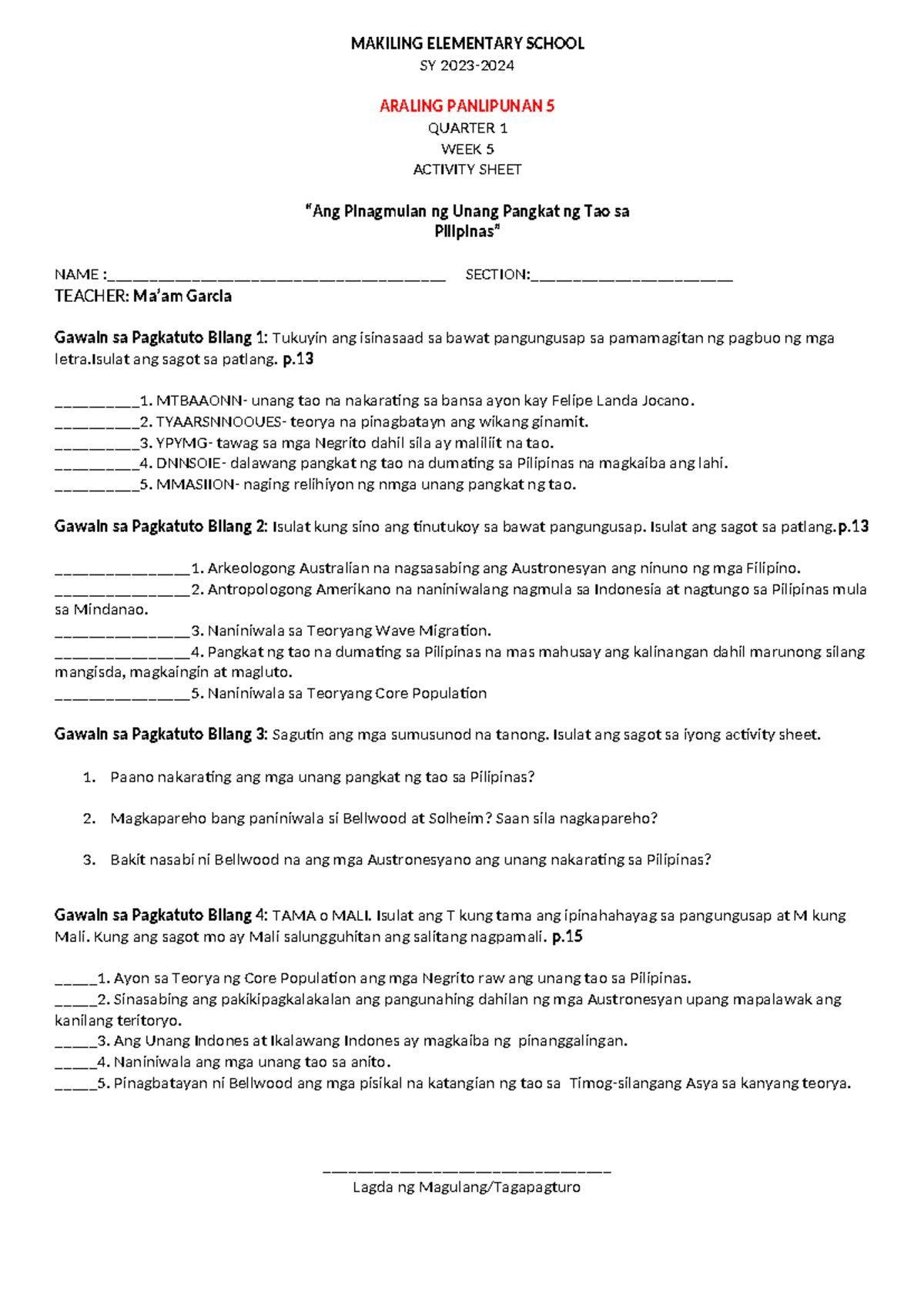 Q1 AP 5 Activity Sheet: Pinagmulan ng Unang Pangkat ng Tao - Studocu