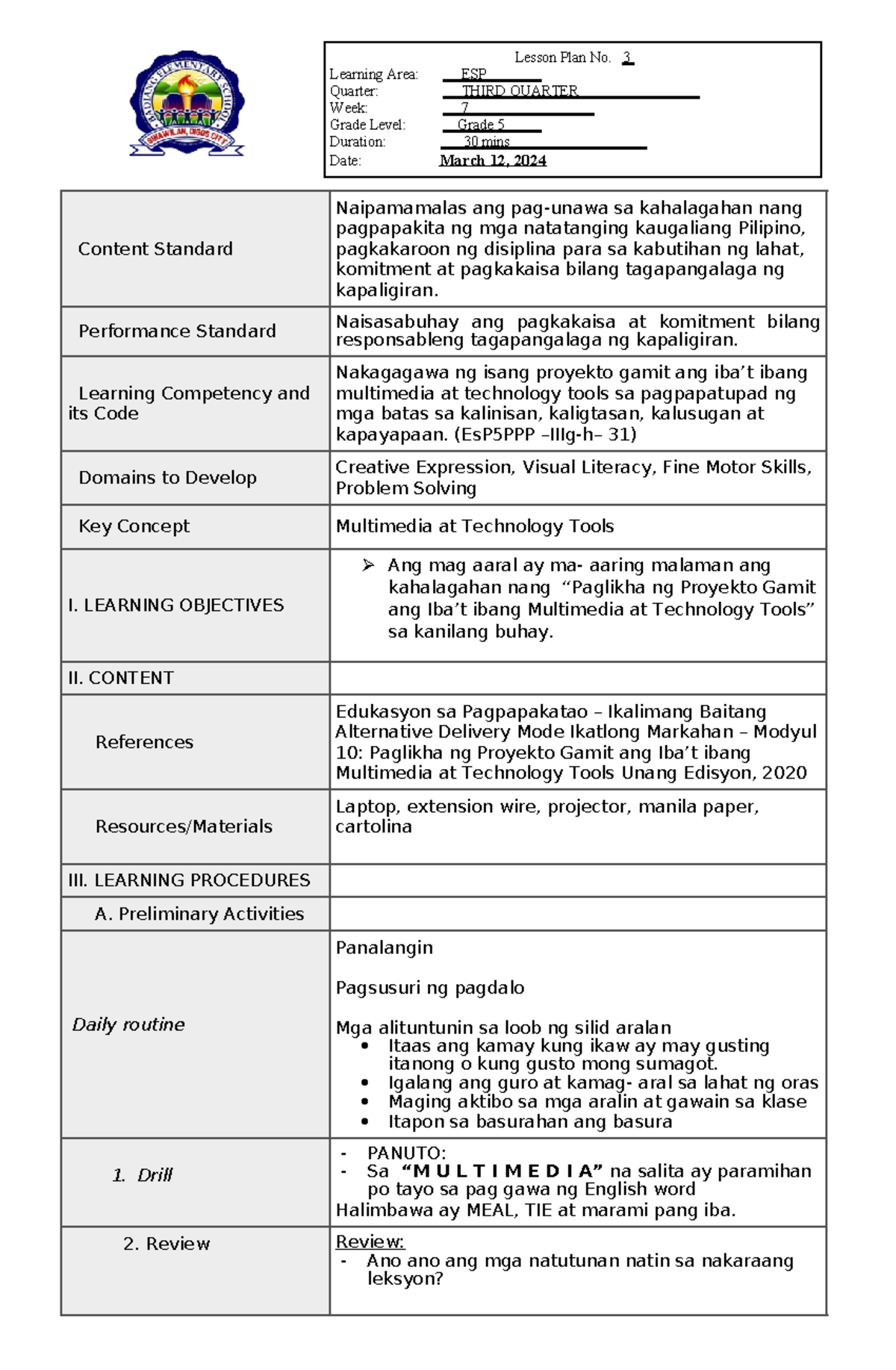 BJ Lesson Plan: Multimedia Tools in ESP for Grade 5 (COT 3) - Studocu