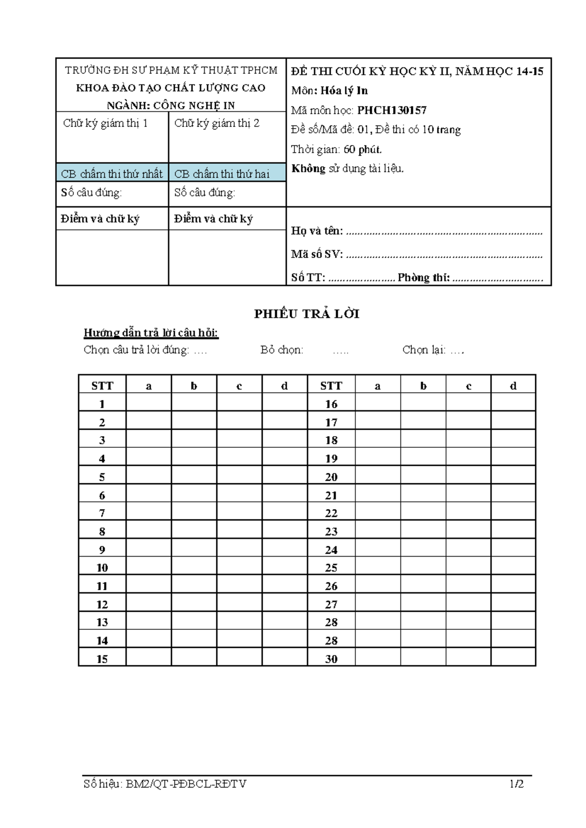 ĐỀ THI CUỐI KỲ HỌC KỲ II Môn: Hóa lý In - Mã: PHCH130157 - Studocu