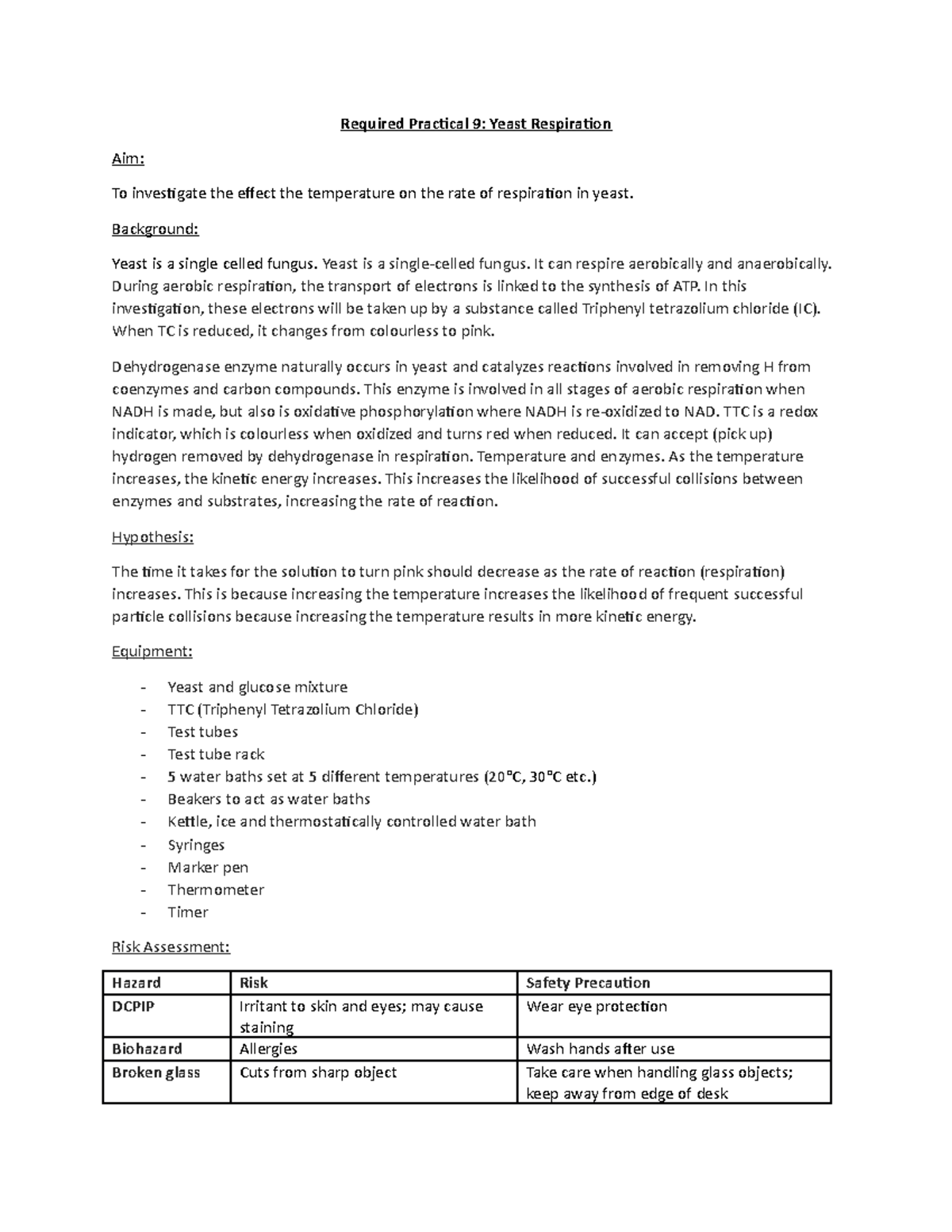 Practical 9: Yeast Respiration and Temperature Effect Analysis - Studocu