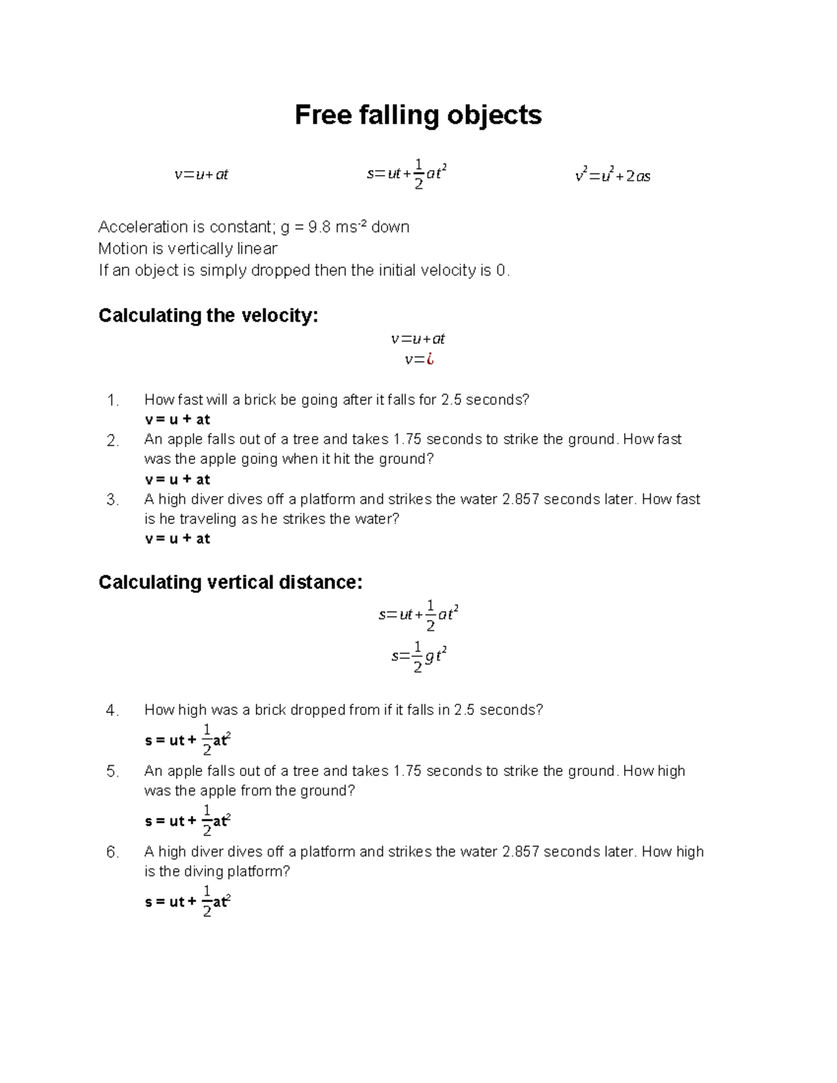 Physics 101: Free Falling Objects - Motion and Calculations - Studocu