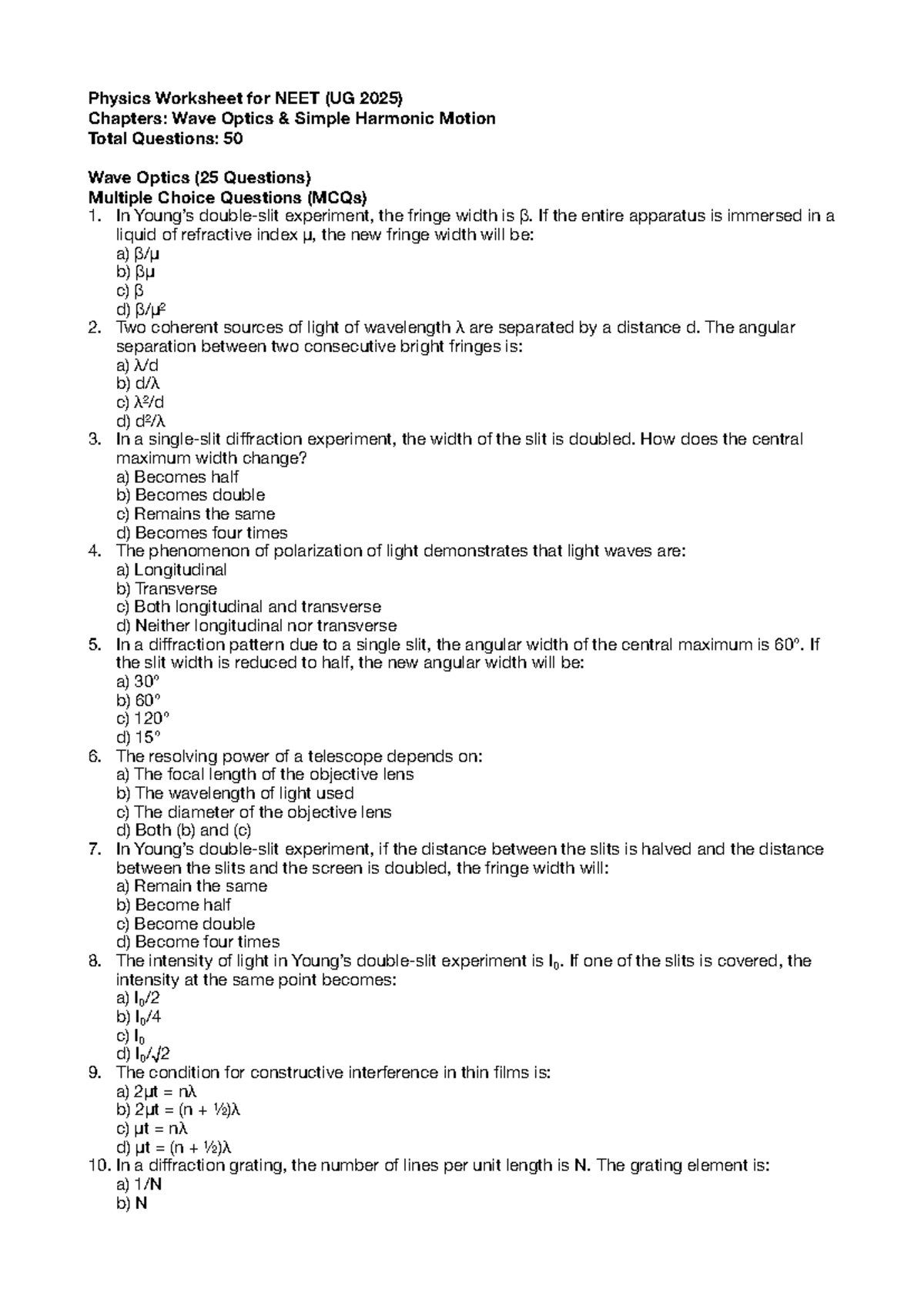 Physics Worksheet for NEET (UG 2025): Wave Optics & SHM Practice - Studocu