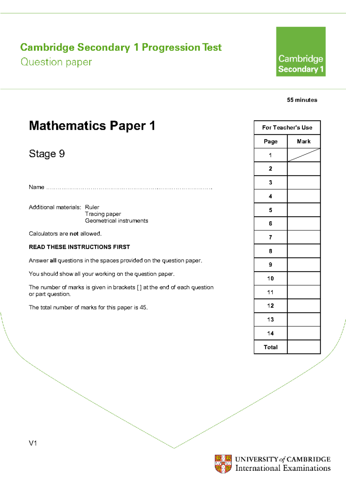 Stage 9 Math Secondary Progression Test Paper 1 (45 Marks) - Studocu