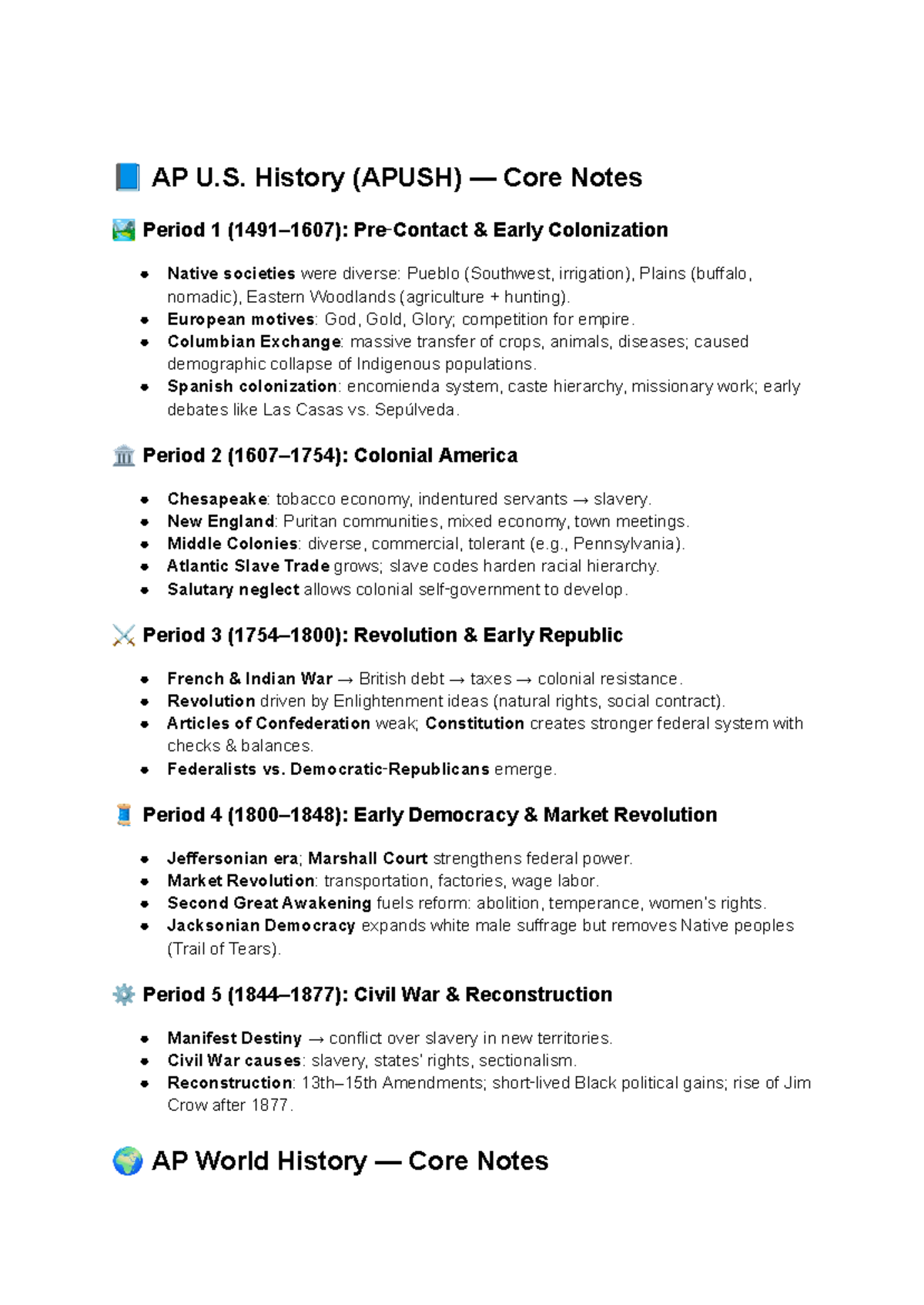 APUSH Core Notes: Early Colonization to Civil War Overview - Studocu