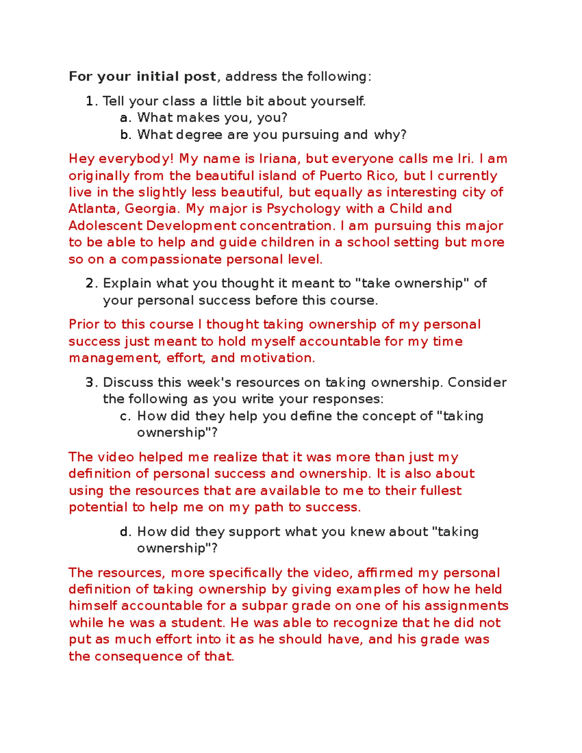 1-1 Discussion: Understanding Personal Ownership in Success - Studocu